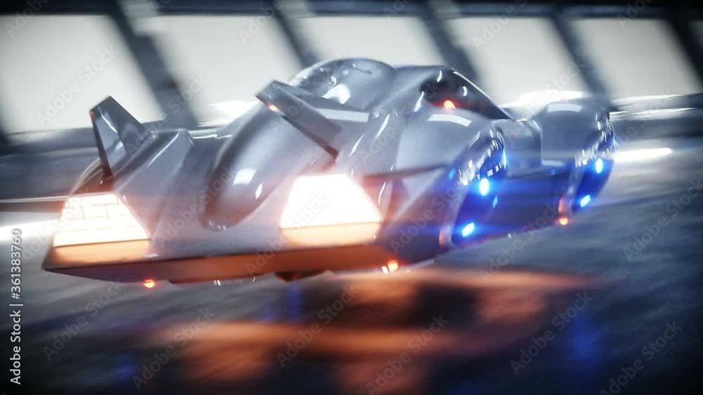 futuristic flying car fast driving in sci fi tunnel, coridor. Concept ...