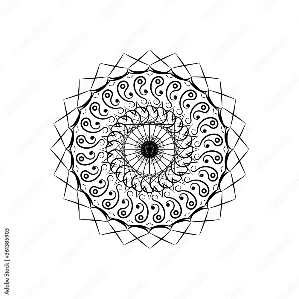 Orname consisting of patterns, circles, rectangles, curls and dots with ...