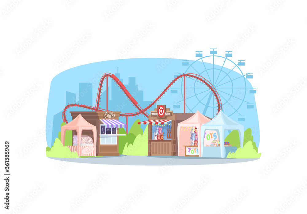 Empty street fair semi flat vector illustration. Amusement park with ...