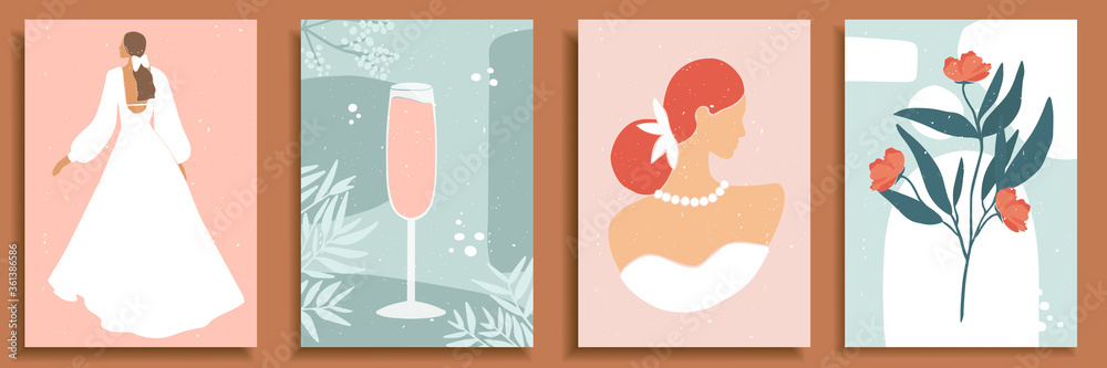 Set of abstract female shapes and silhouettes on textured background ...