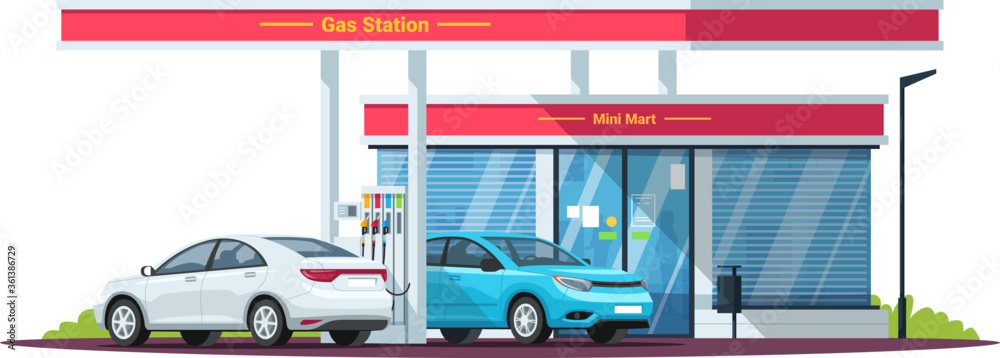 Gas, petrol station with cars semi flat RGB color vector illustration ...