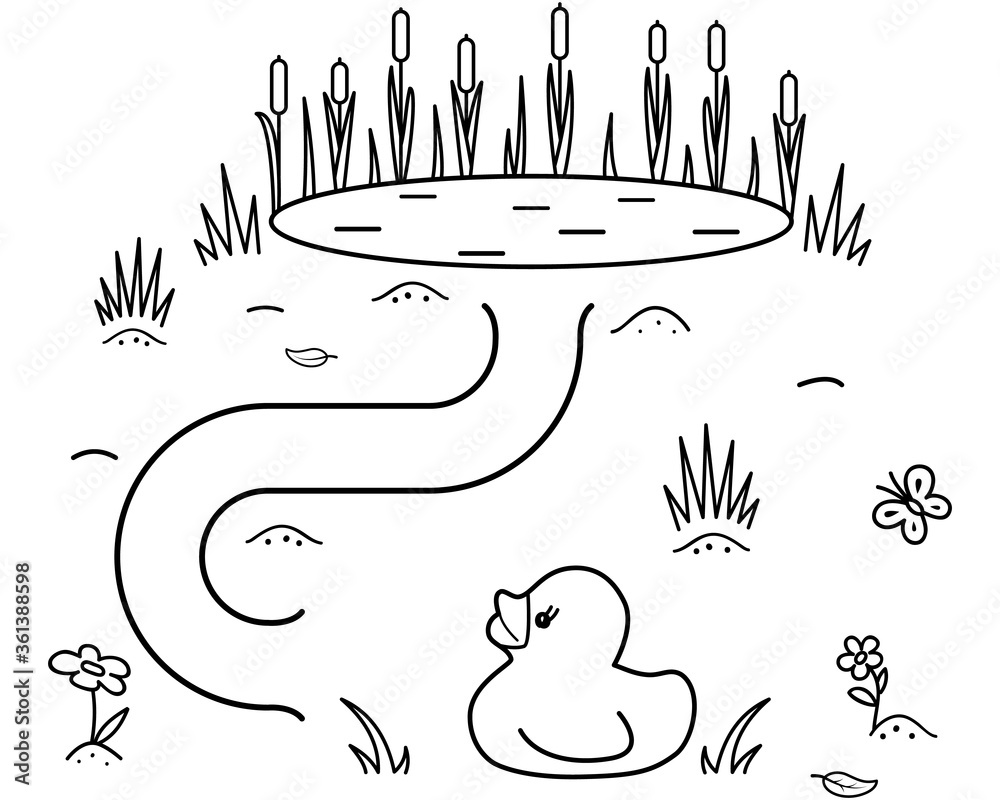 Vecteur Stock Black coloring pages with maze. Cartoon duck, pond and ...