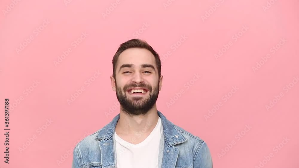 Young man guy 20s years old in denim jacket white t-shirt isolated on ...