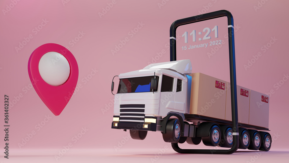 3D Delivery truck loaded with a cardboard box and smartphone with map ...