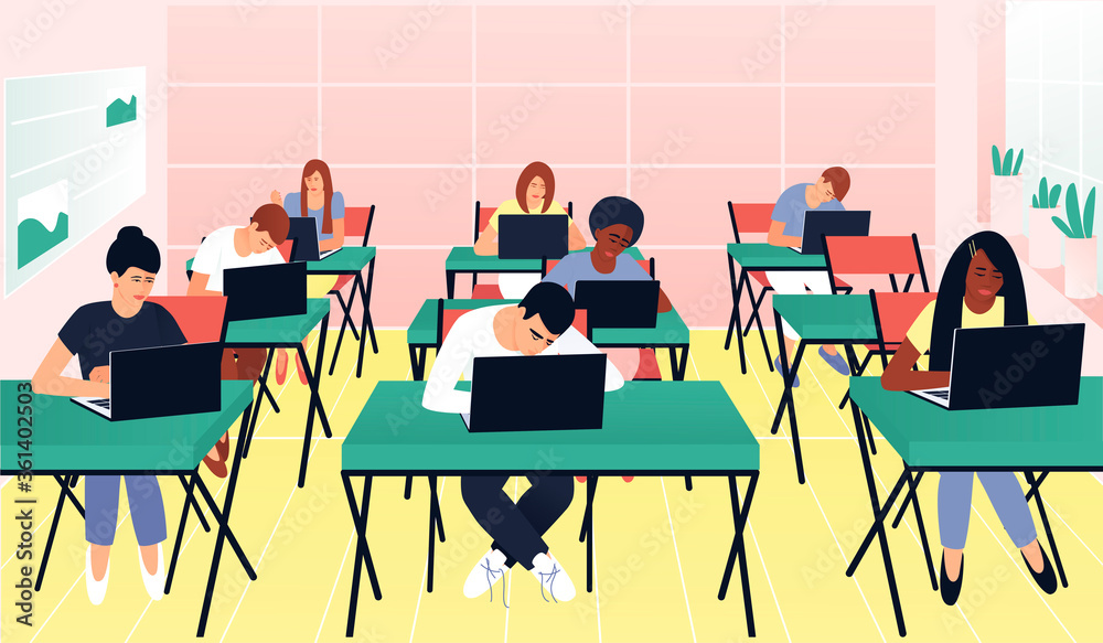 Students work on computers in a beautiful classroom. Learning concept ...