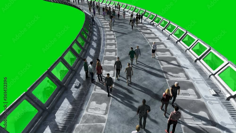 3d people in Sci fi tonnel. Traffic. Concept of future. Green screen ...