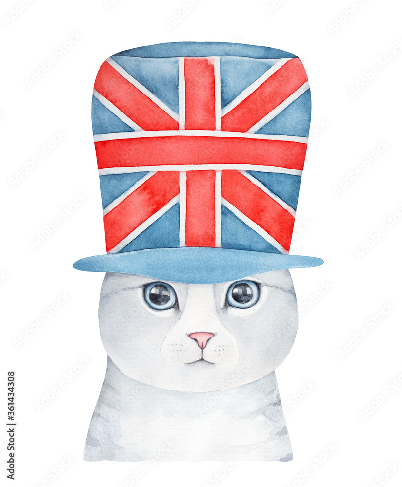 Watercolour illustration of cute British cat wearing huge cylinder hat ...