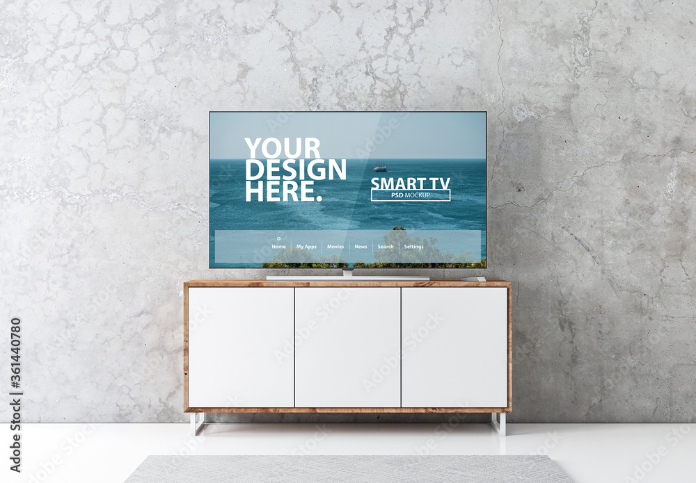 Smart TV Mockup on Wooden Console Stock Template | Adobe Stock