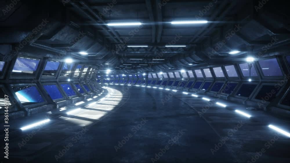 futuristic space corridor, tunnel. flight view of the earth. Cinematic ...