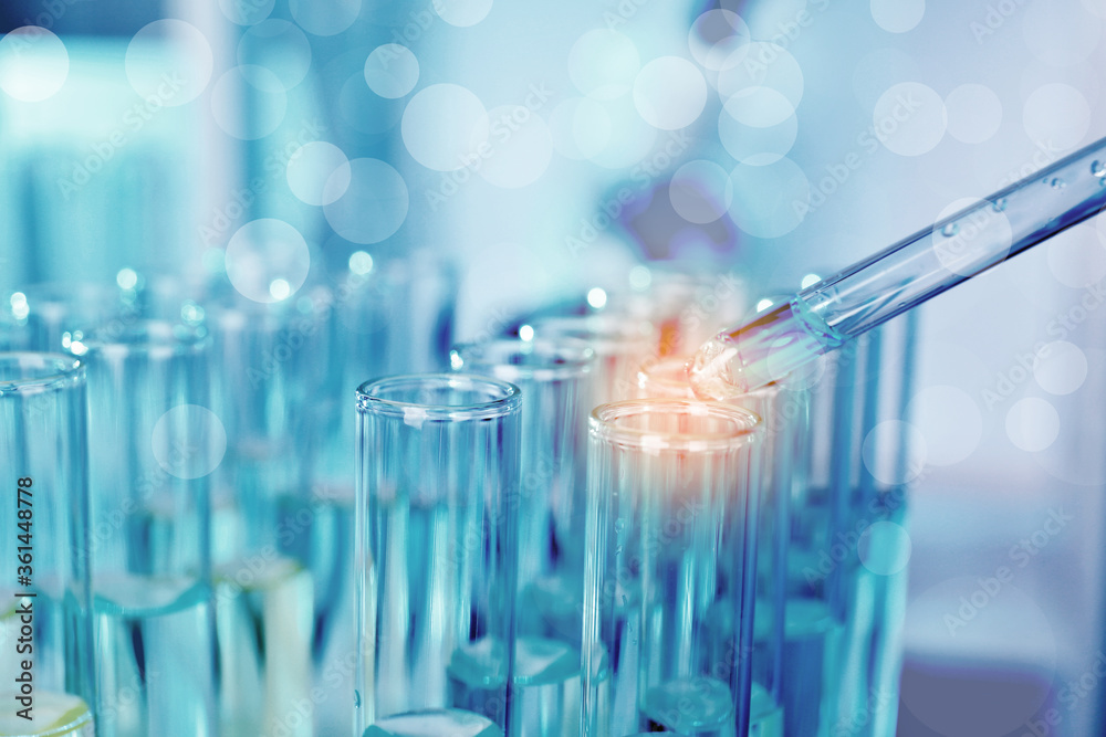 Dripping reagent into test tube with sample at laboratory, closeup ...