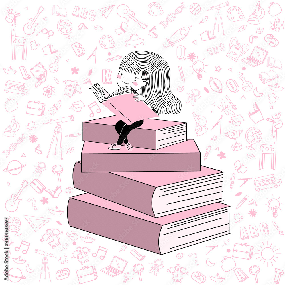 Cute little Student girl read a book icon back to school background ...