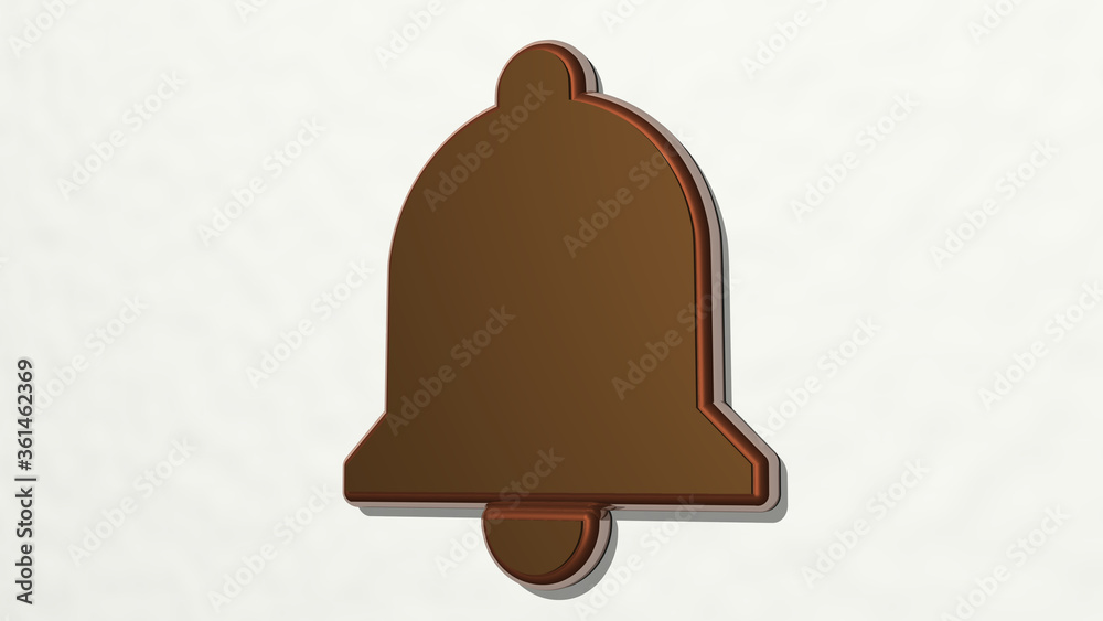 BELL on the wall. 3D illustration of metallic sculpture over a white ...