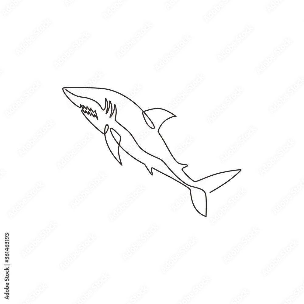 One continuous line drawing of shark sea fish predator for underwater ...