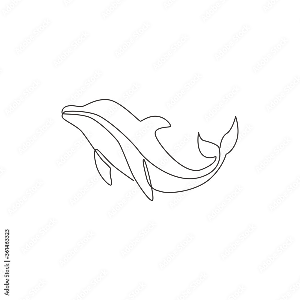 One single line drawing of cute beautiful dolphin for company logo ...