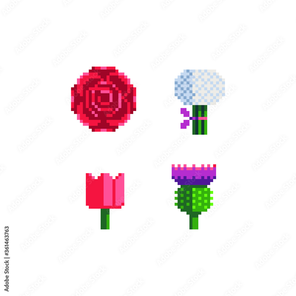 Flowers pixel art icons set, rose, tulip and thistle. Element for the ...