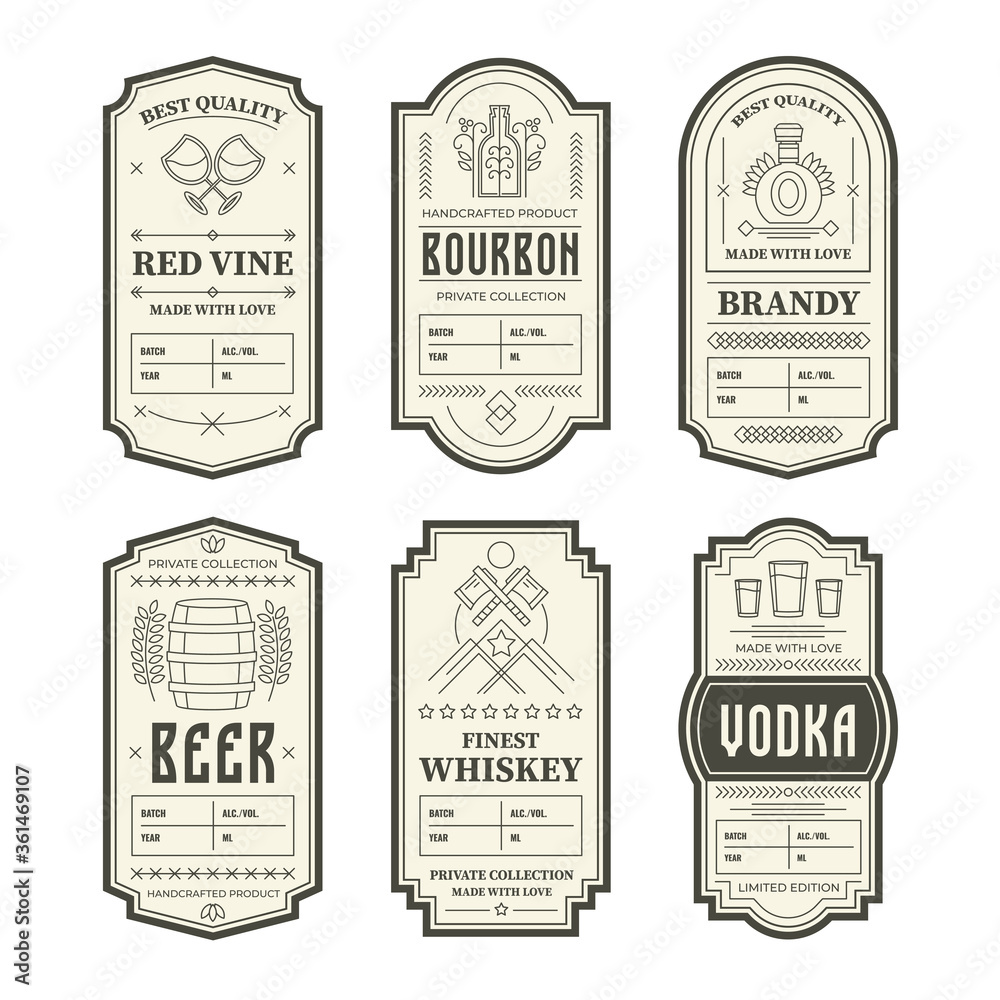 Various Vintage Alcohol Bottle Labels Set Geometric Gin Bourbon 