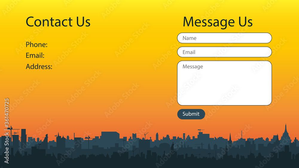 Contact screen concept for website with beautiful city silhouette at ...