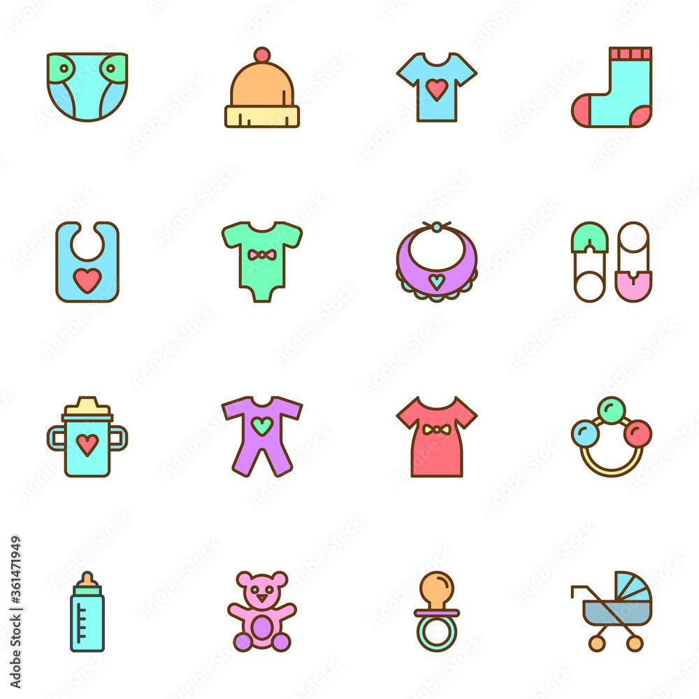 Baby related items filled outline icons set, line vector symbol ...