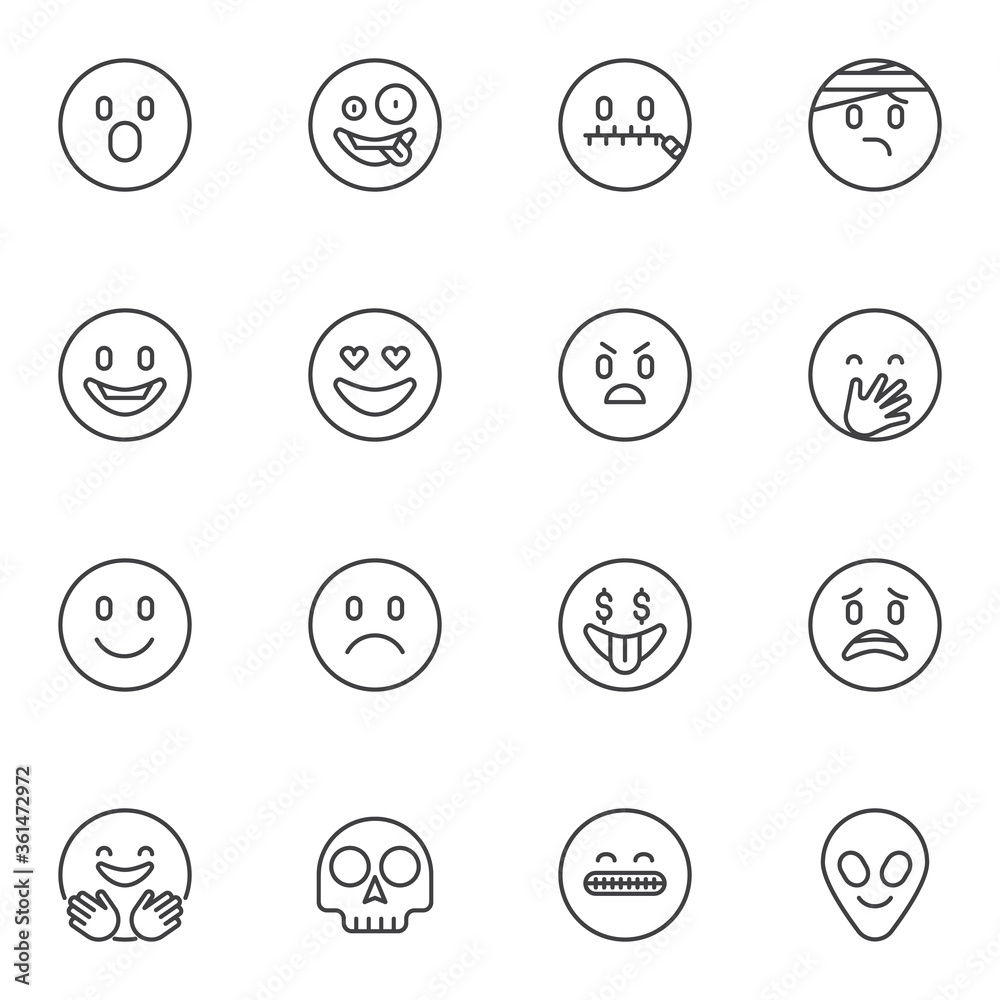 Circle emoji line icons set, emoticon outline vector symbol collection ...
