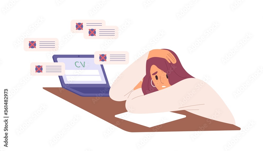 Unhappy woman with resume rejected by employer vector flat illustration ...