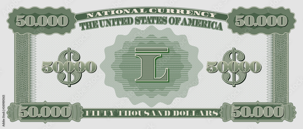 Fictional US paper money with a face value of 50000 dollars. Reverse of ...