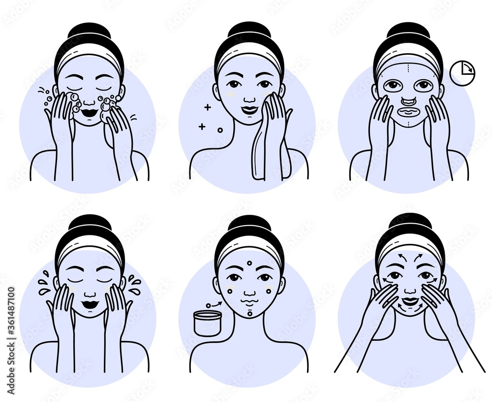 Face cosmetics set. Isolated woman cleansing, washing, massaging face ...
