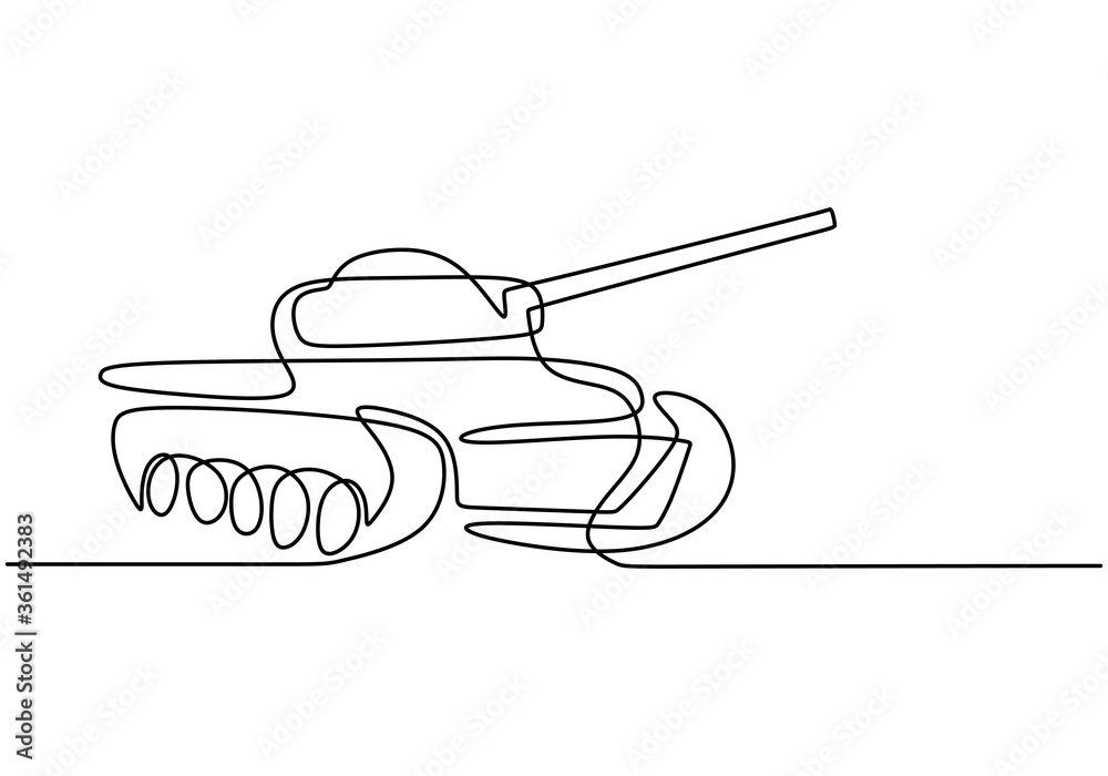 One continuous line drawing of Tank. An armoured fighting vehicle ...
