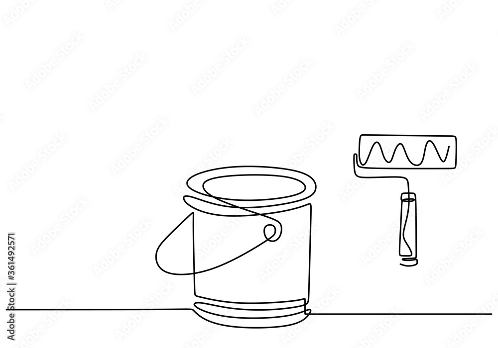 Brush and a bucket of color paint one line drawing vector illustration ...