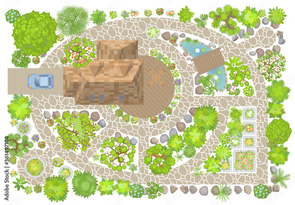 Vector illustration. Modern garden design. Top view. Landscape design ...