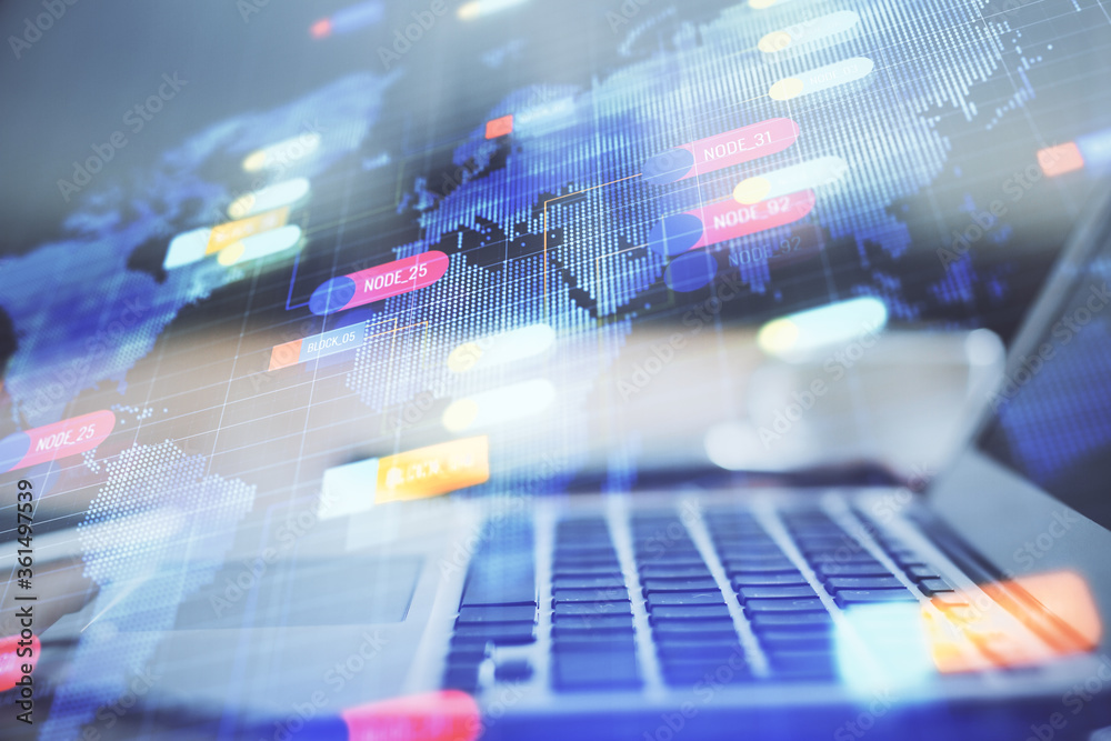 Technology theme drawing and table with computer. Double exposure ...