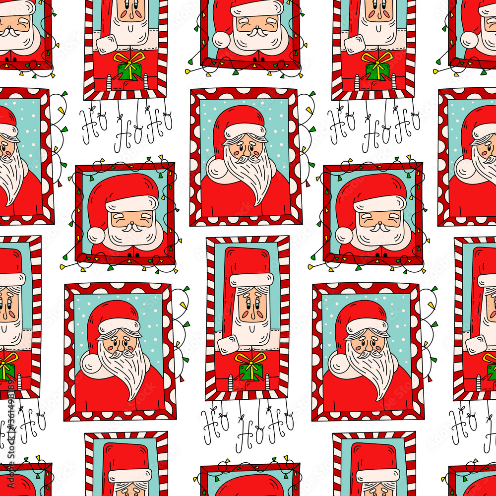 Seamless pattern with Santa Clauses portraits. Christmas vector line ...