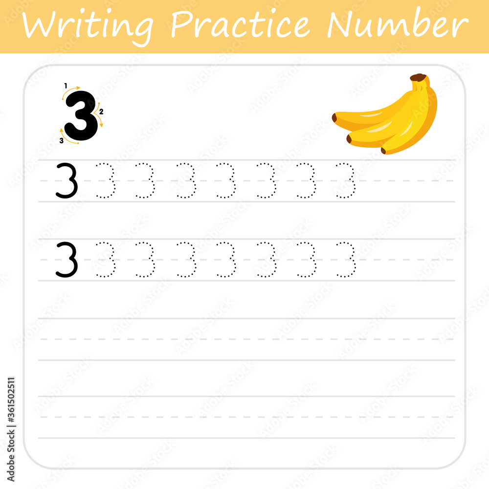 Number three tracing practice worksheet with 3 bananas for kids ...