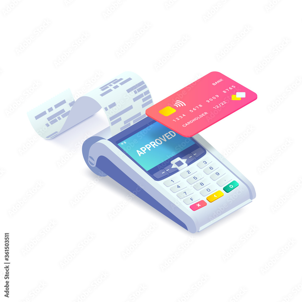 Contactless payment via credit card isometric concept. 3d payment ...