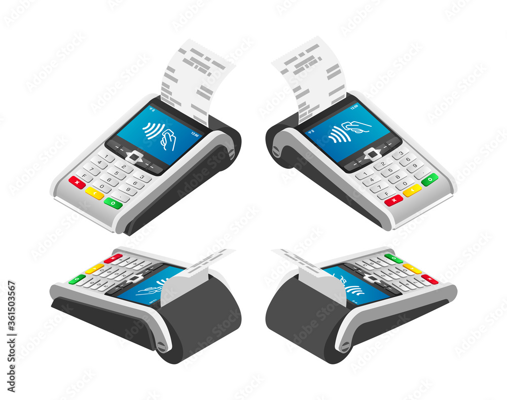 Isometric E-payments POS terminal with receipt set. 3d Wireless NFC ...