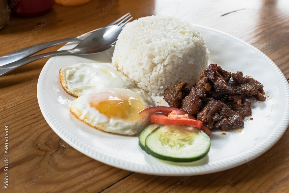 Tosilog (Tocilog): Filipino Breakfast composed of Tocino (cured meat), garlic rice (sinangag ...
