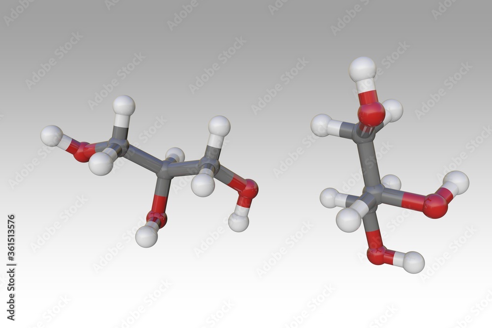 Molecular structure of glycerol. Atoms are represented as spheres with ...