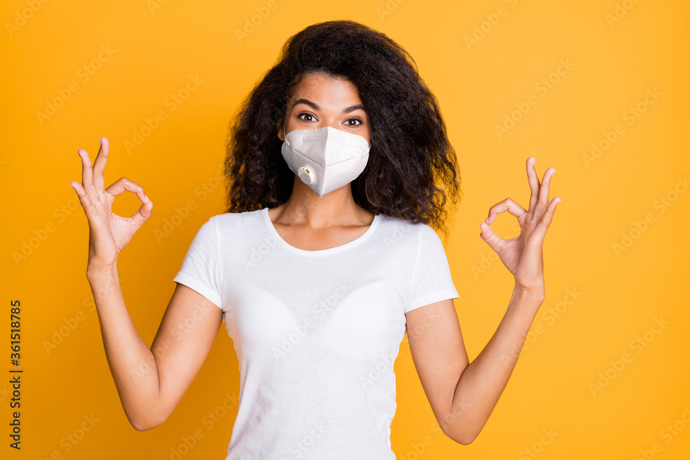 Close Up Portrait Of Her She Nice Attractive Healthy Wavy Haired Girl Wearing Safety Respirator