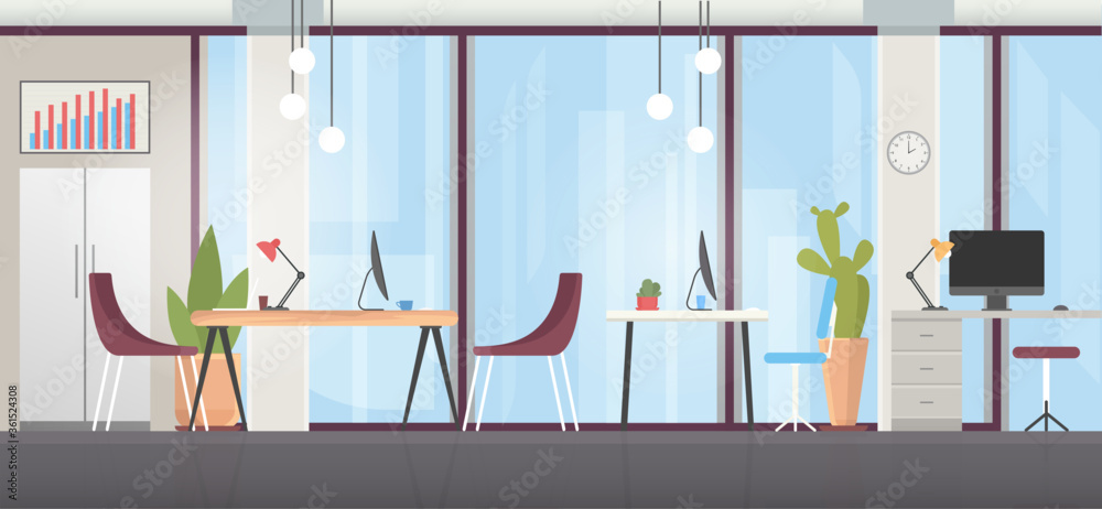 Office room interior flat vector illustration. Cartoon modern wide ...