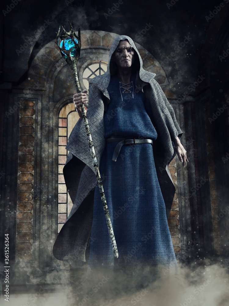 Dark chapel with a creepy looking necromancer with a long mage staff ...