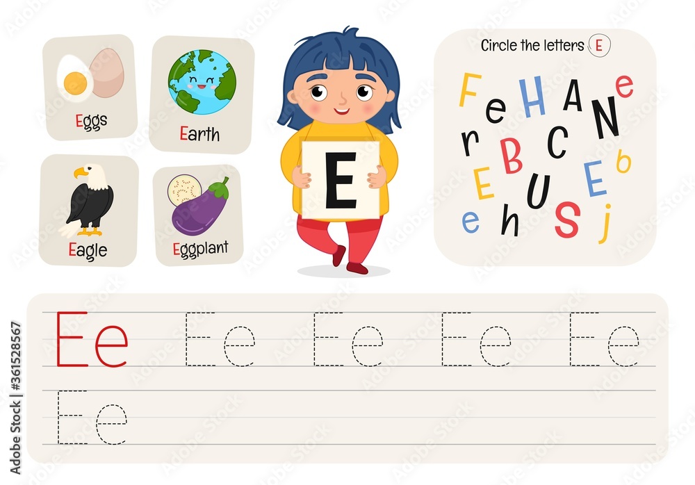 Kids learning material. Worksheet for learning alphabet. Letter E ...