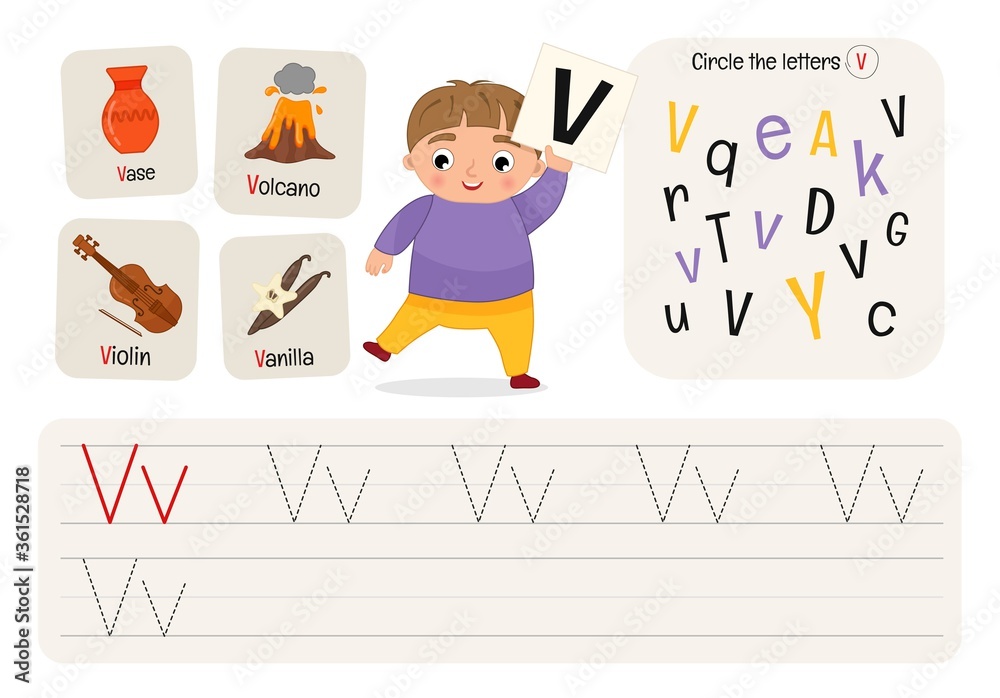 Kids learning material. Worksheet for learning alphabet. Letter V ...