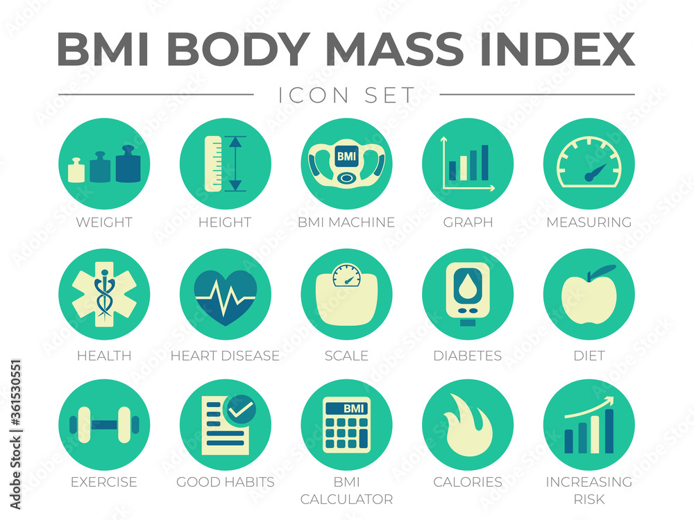 BMI Body Mass Index Round Color Icon Set. Weight, Height, BMI Machine ...