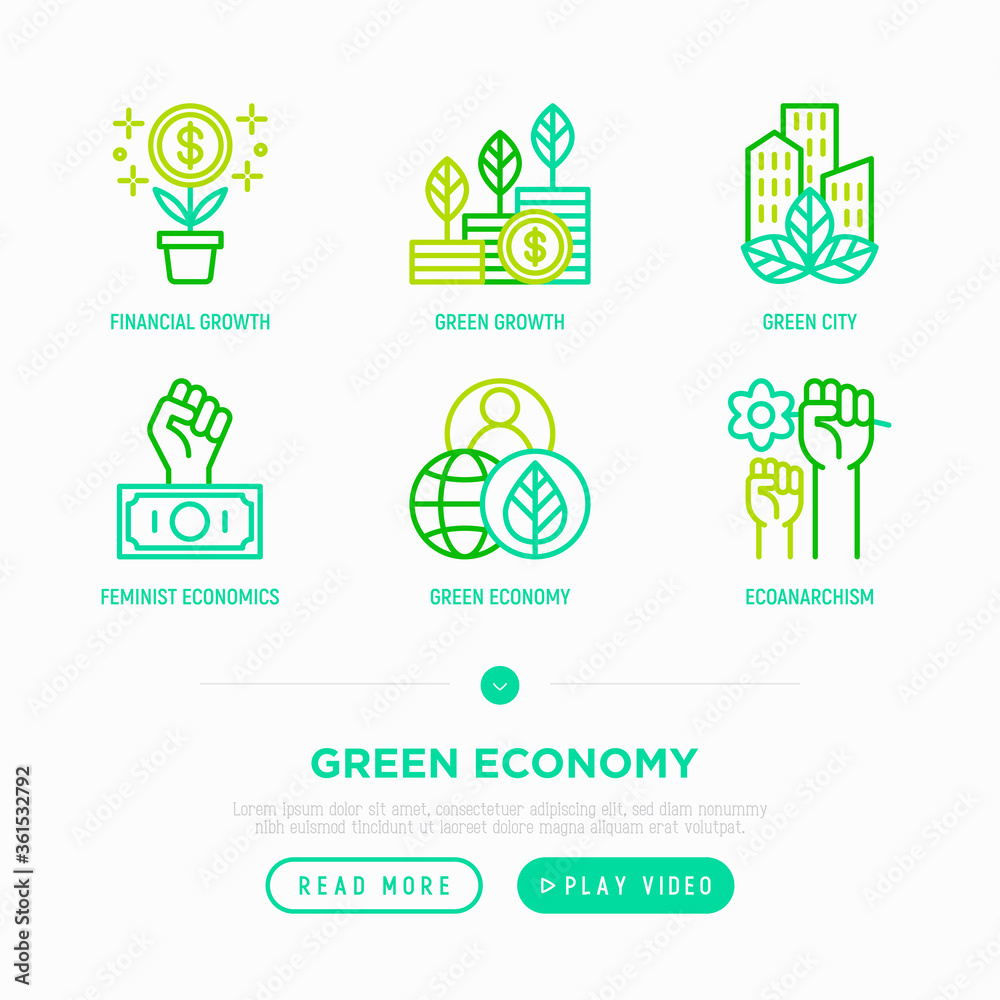 Green economy thin line icons set: financial growth, green city, zero ...