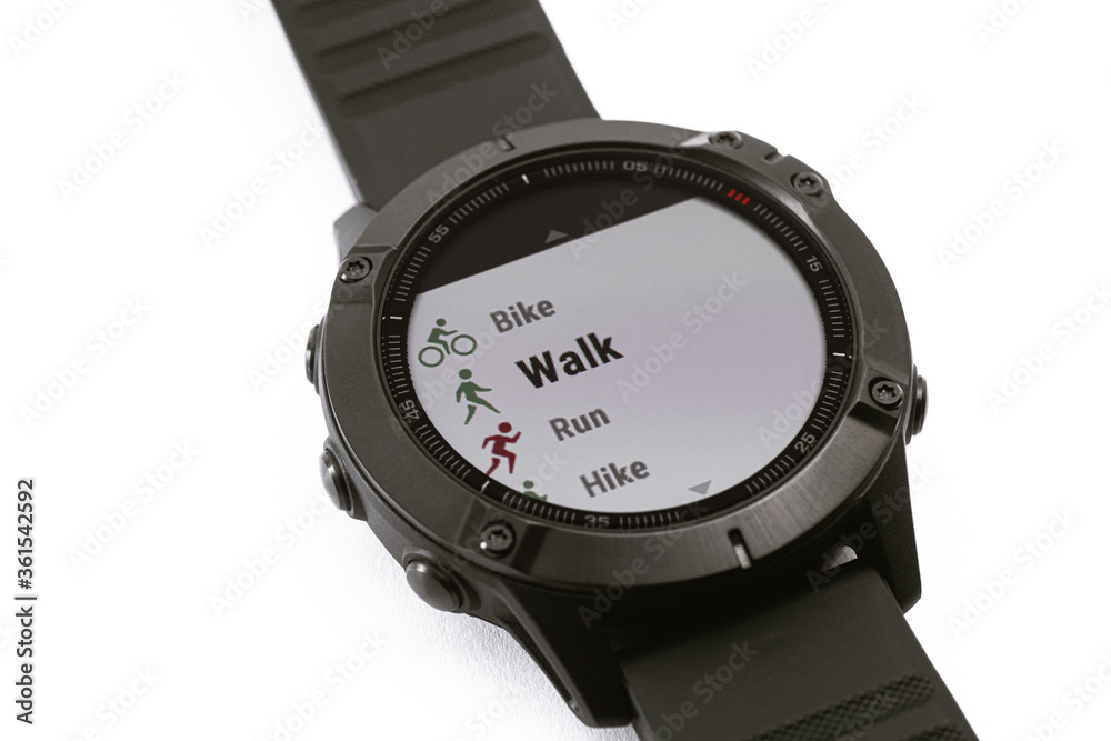 Using smart watch in walk activities on screen. Fitness tracker screen ...