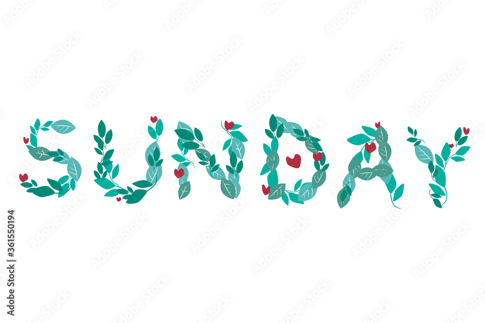 Text sunday from leaves as weekday symbol for bullet journal, vector ...