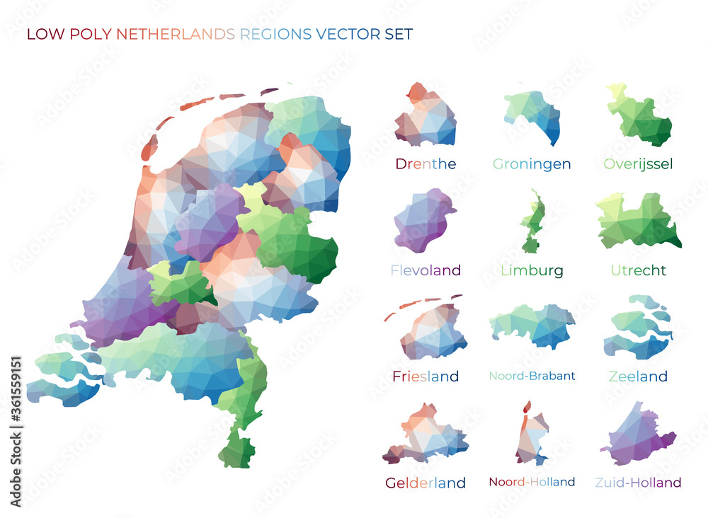 Dutch low poly regions. Polygonal map of Netherlands with regions ...