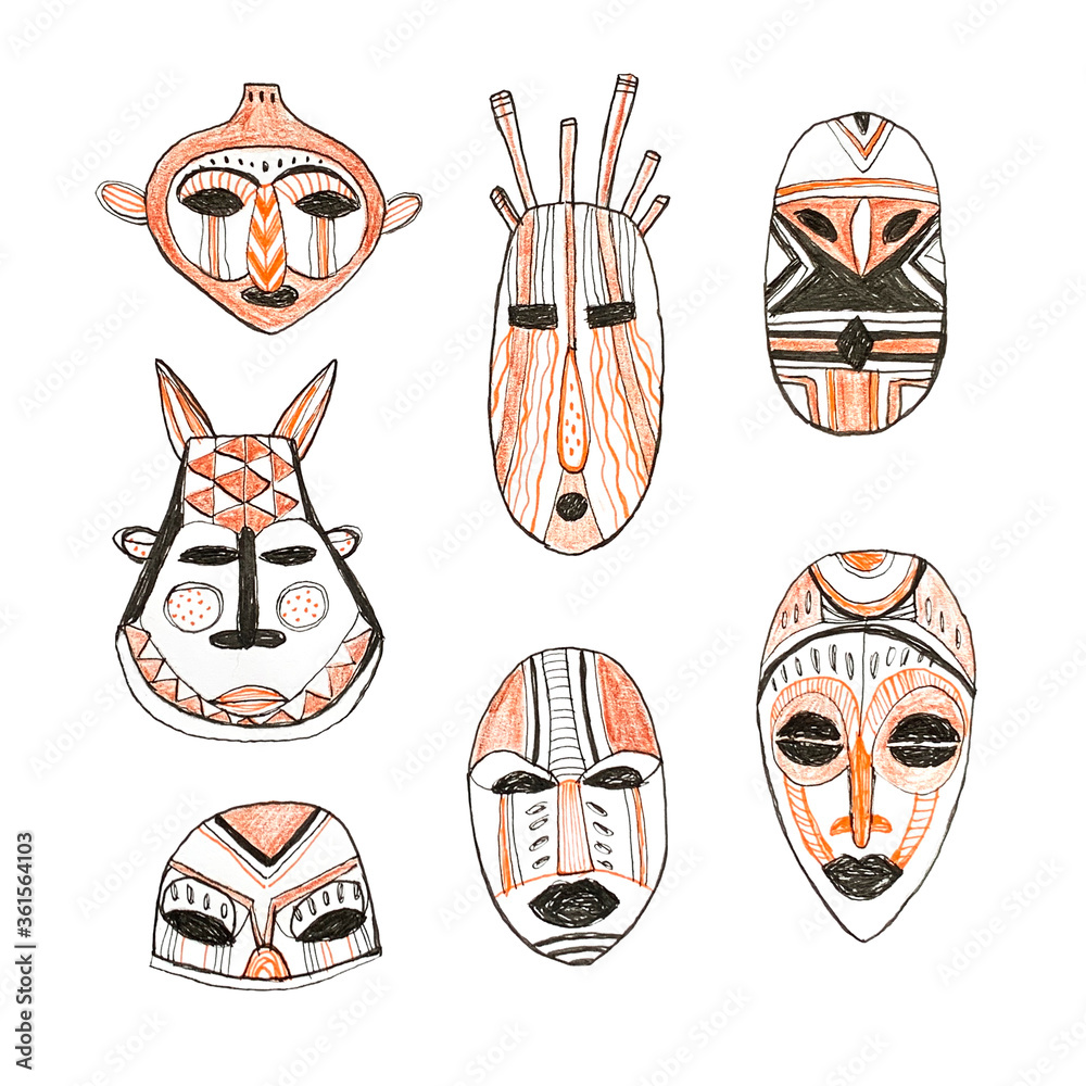 Illustration set with african mask. Ritual ethnic traditional symbols ...