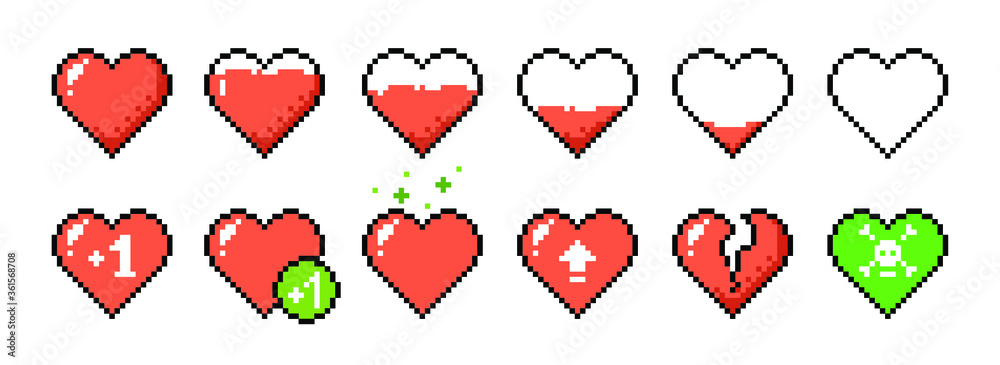 Pixel health heart bar. Set of flat game design elements. Icons in the ...