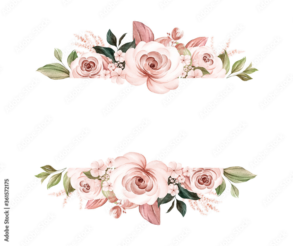 Floral frame of brown watercolor roses and wild flowers with various ...