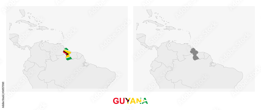 Two versions of the map of Guyana, with the flag of Guyana and ...